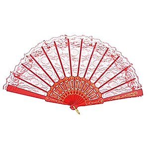 PHONME Decorative Folding Fans Chinese Style Lace Handheld Fans Folding Fan Dance Party Wedding Hand Fan Cool Bamboo Flower Handheld Fans Elegant Hand Fans Vintage Style (Color : Red)