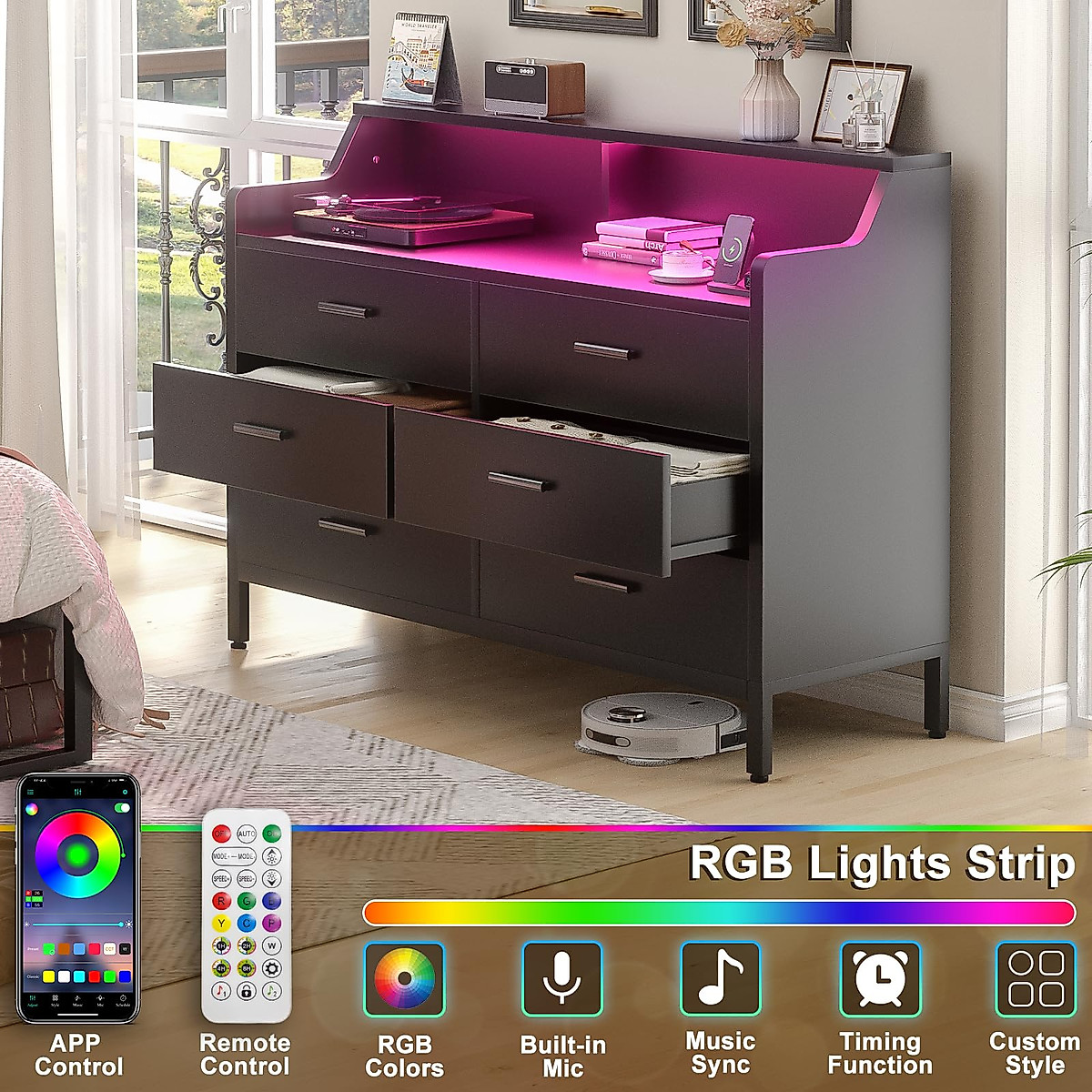 Hyomdeck 6 Drawer Dresser for Bedroom, Wooden Chest of Drawers with Power Outlets and Smart LED Light, Sturdy Modern Bedroom Furniture, Wide Storage Dresser for Living Room, Closet, Entryway, Black