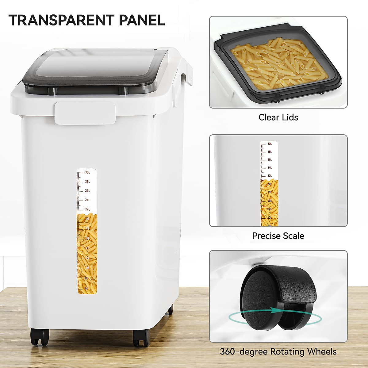 YITAHOME 90L/190lb Large Ingredient Flour Storage Bins, Commercial 20.6 Gal(11.4+5.8+3.4 Gal) Rice Storage Containers, 500 Cups Food Storage Bin with Wheels, Scoop and Lid, for Kitchen, White