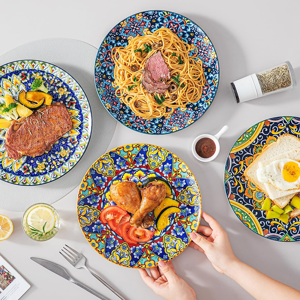 vancasso Dinner Plates Set of 6-10.5 Inch Ceramic Plates, Microwave, Oven and Dishwasher Safe, Colorful Bohemian Style Dishes for Kitchen