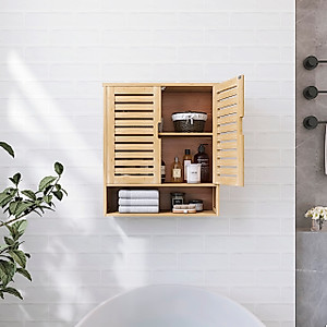 SMIBUY Bathroom Cabinet Wall Mounted, Bamboo Over-The-Toilet Storage Organizer, Space Saver Medicine Cabinet with 2 Door and Adjustable Shelves (Natural)