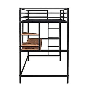 BOVZA Twin Size Metal Loft Bed with Desk and 2 Shelves, Space-Saving, Metal Bed Frame for Kids, Teens, Adults, Black