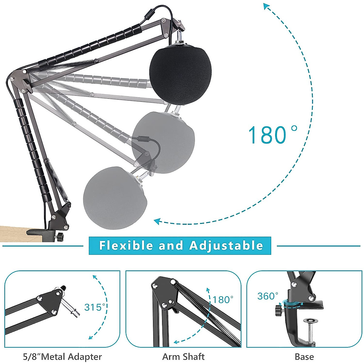 Snowball iCE Mic Boom Arm Stand with Pop Filter, Compatible with Blue Snowball Ice USB Microphone with Cable Sleeve by SUNMON