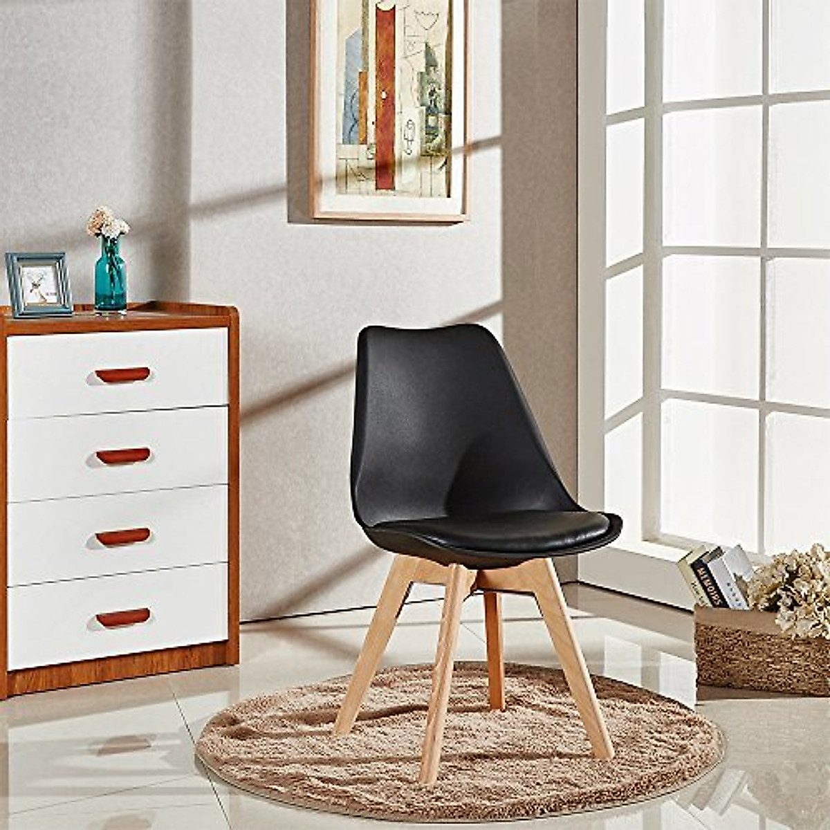 Furmax Mid Century Modern DSW Dining Chair Upholstered Side Chair with Beech Wood Legs and Soft Padded Shell Tulip Chair for Dining Room Living Room Bedroom Kitchen Set of 4 (Black)