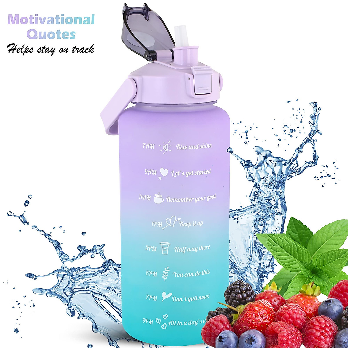 Mint Berry Half Gallon Water Bottle with Time Marker - 64 oz Water Bottle with Straw - Big Water Bottle - Large Water Bottle (Purple Mint Blue Gradient)