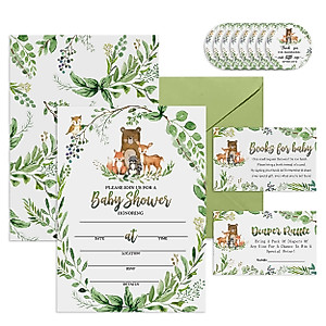 skuhyyg 25 Woodland Baby Shower Invitations with Envelopes，Woodland Diaper Raffle Tickets & Book Request Cards, Woodland Animal Stickers, thank you for showering our little one with love