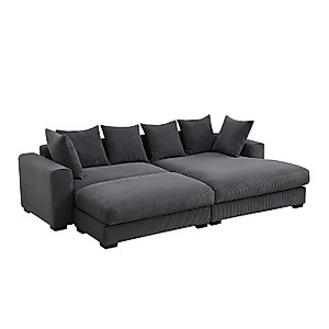 DREAMODERN 109.75'' Sectional Sofa Couch with Removable Ottoman, Luxury Upholstered Sofa Corduroy Fabric Couch with Chaise Lounge 6 Pillows for Living Room Home Office - Drak Gray
