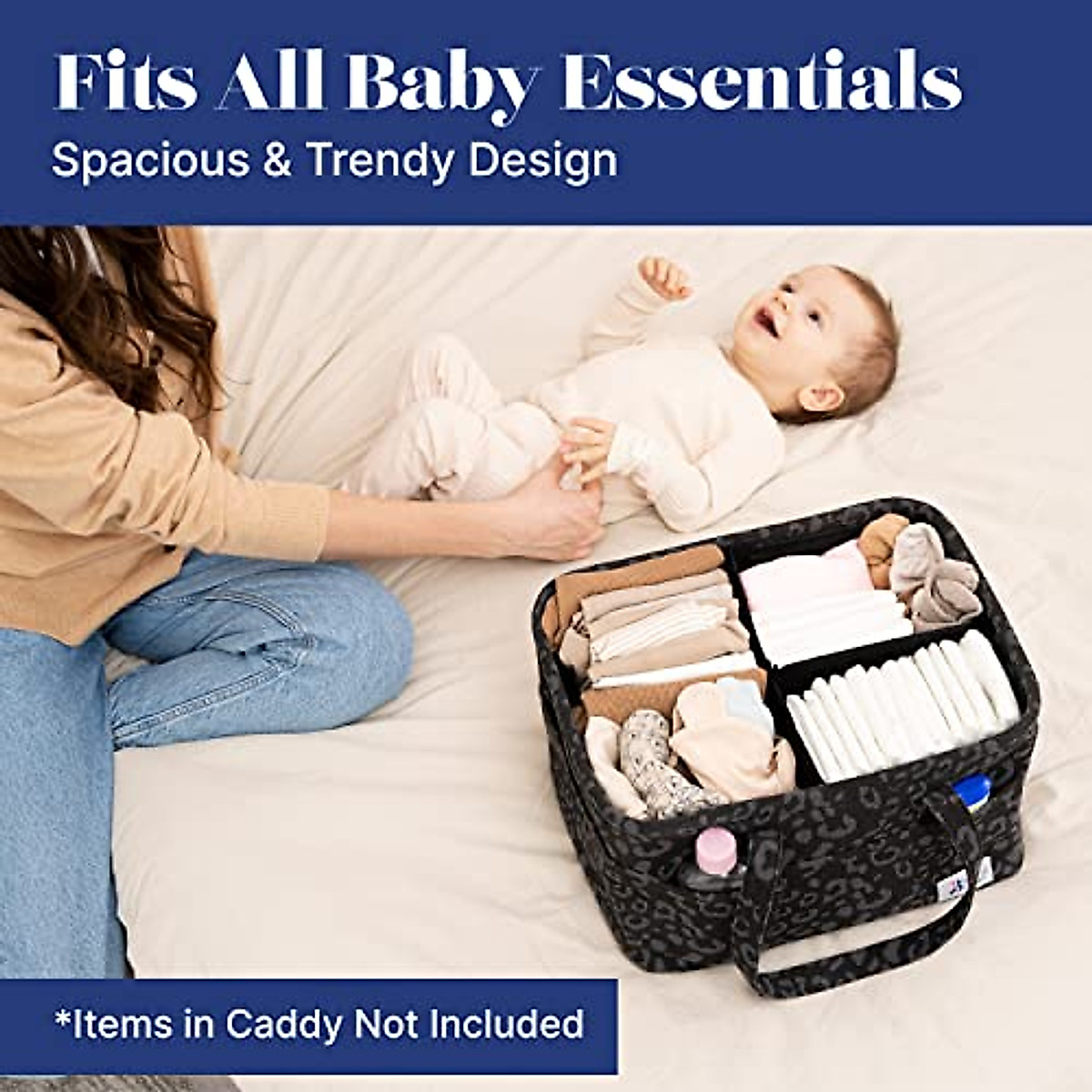 The Blissful Bump Diaper Caddy Organizer, Storage Basket, Caddy organizer with Handle, Baby Organizer for Nursery -Modern Diaper Basket for Boy, Girl, Charcoal Gray Leopard Print