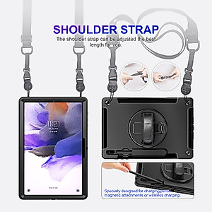Case for Samsung Galaxy Tab S7 FE 2021/S8 Plus 2022 : Military Grade TPU Shockproof Heavy Duty Protective Cover for Tab S7 Plus 12.4 Inch with S-Pen Holder &Rotating Kickstand &Handle &Shoulder Strap