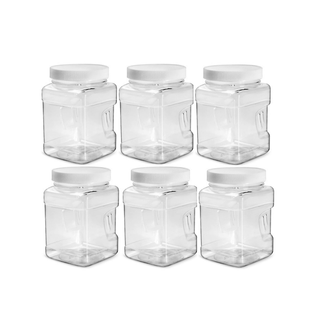kelkaa 16oz Clear PET Plastic Square Wide Mouth Jars with Grip Handle and White Ribbed Lined Caps, BPA Free, Multi-Use Empty Containers, 63mm/400, Made in the USA (Pack of 6)