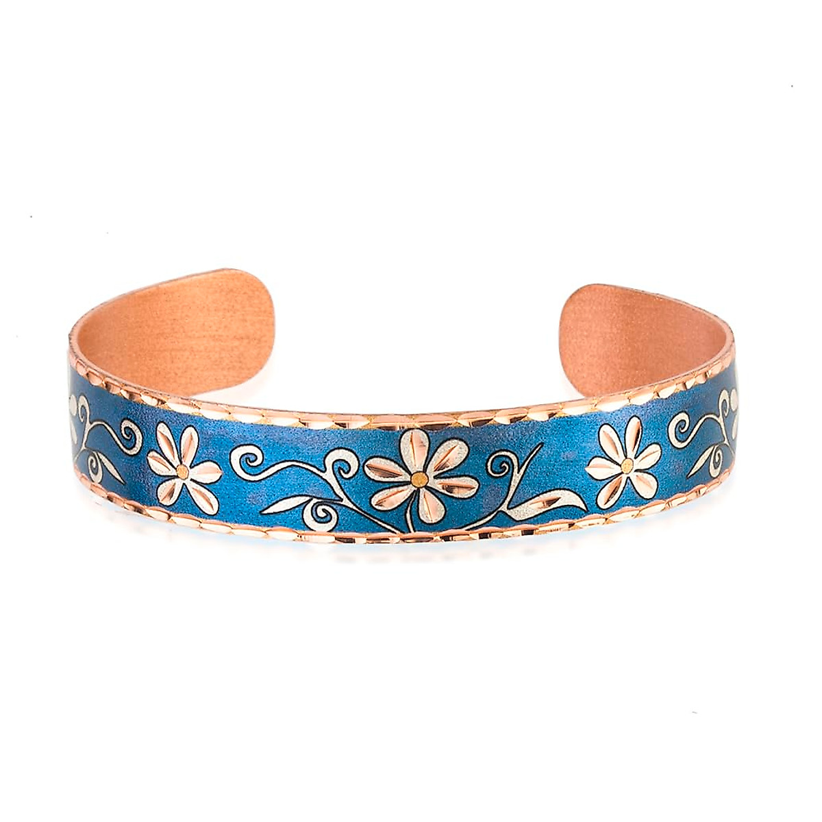 Women's Daisy Flower Bracelets feature a beautiful daisy flower on a blue copper cuff with an open-ended flower cuff design. These copper bracelets are adjustable for a perfect fit—BNF-06.