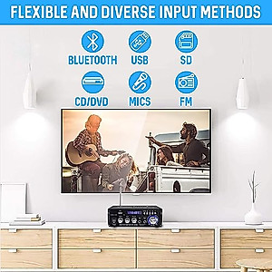 Sunbuck Max 250W×2, Bluetooth Stereo Amplifier, 2 Channel Outdoor Speaker Amplifier, Stereo Receiver for Home Audio w/USB 2.0, MIC in, Remote Control, Hi-Fi Small Amplifier for Speakers, AS-29BU