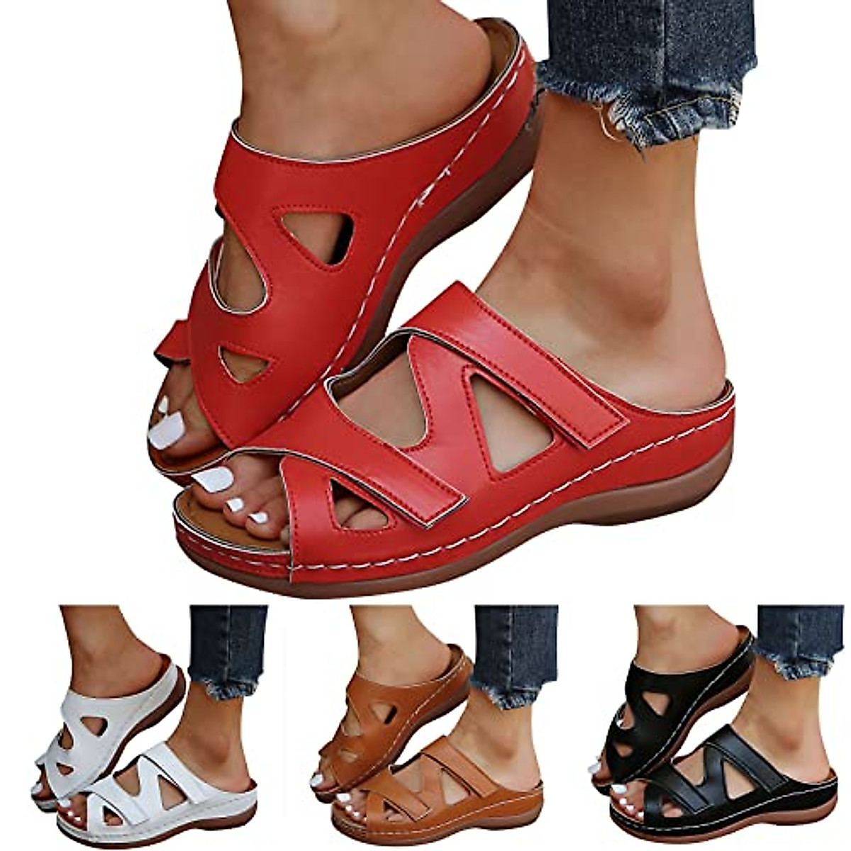 Women Foot Wear Summer Women Slippers Thick Soles Open Toe Breathable Slip On Comfortable Roman Beach Shoes (Red, 8)