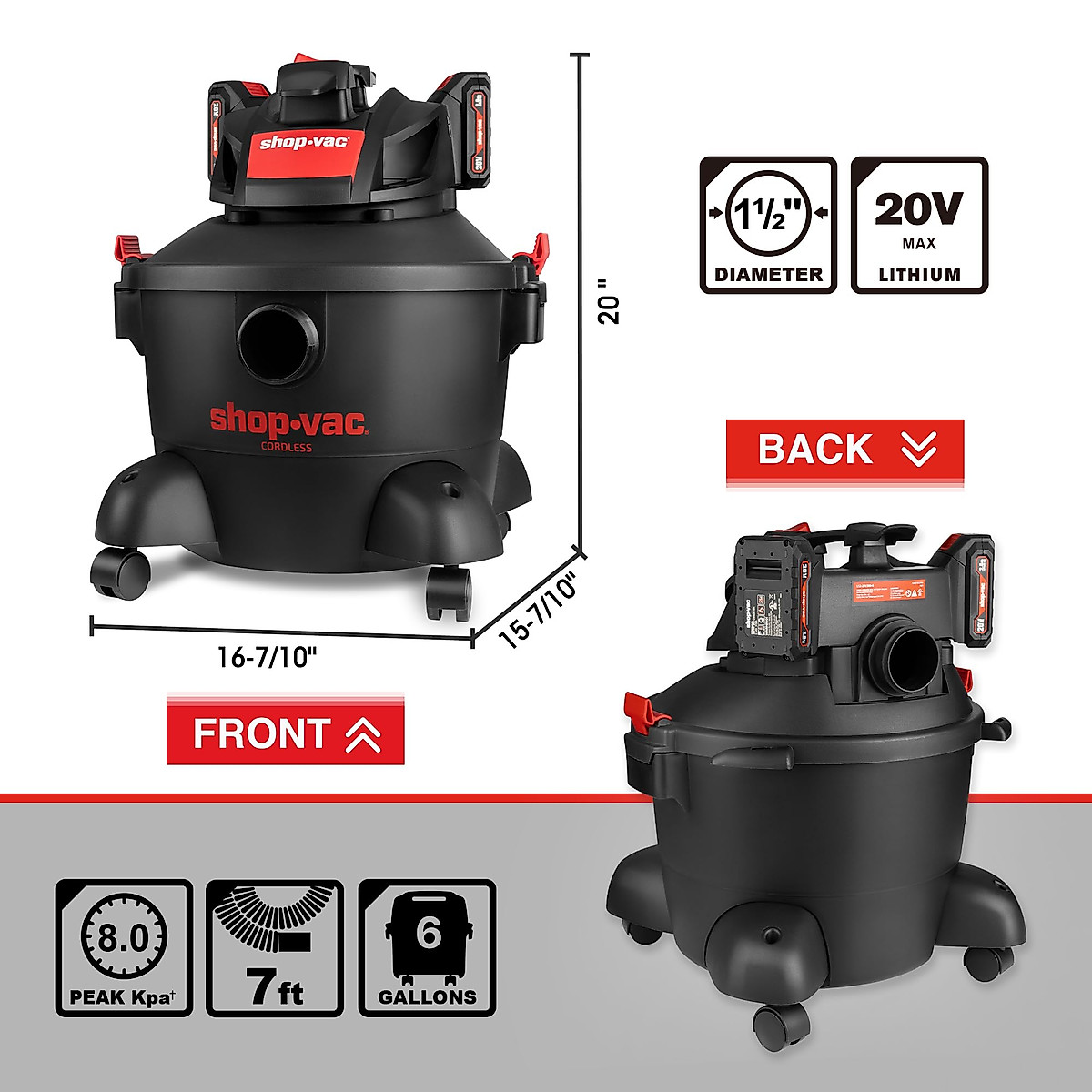 Shop-Vac 6 Gallon Wet Dry Vacuum Cleaner, 8.0 Peak Kpa Shop Vacuum with Blower Function, Cordless Vacuum Cleaner for Pet Hair, Jobsite, Garage, Home & Workshop
