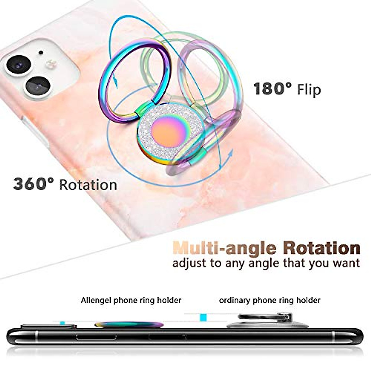 Allengel Cell Phone Ring Holder Finger Kickstand, Bling Pop Phone Ring Grip & Stand, Compatible with iPhone and Most Android Phone (Colorful, Rainbow)