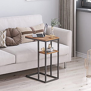 CubiCubi Side Table with Charging Station, C Shaped End Table with USB Ports and Outlets, Couch Table for Living Room, Bedroom, Couch, Sofa and Bed, Brown