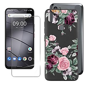 Ikiiqii Cover for Gigaset GS5 Lite (6.30") case Shell Soft Silicone TPU Black Phone Protective Cases + 9H Hardness HD Tempered Glass Screen Protector Film Protection -Pink, red Rose