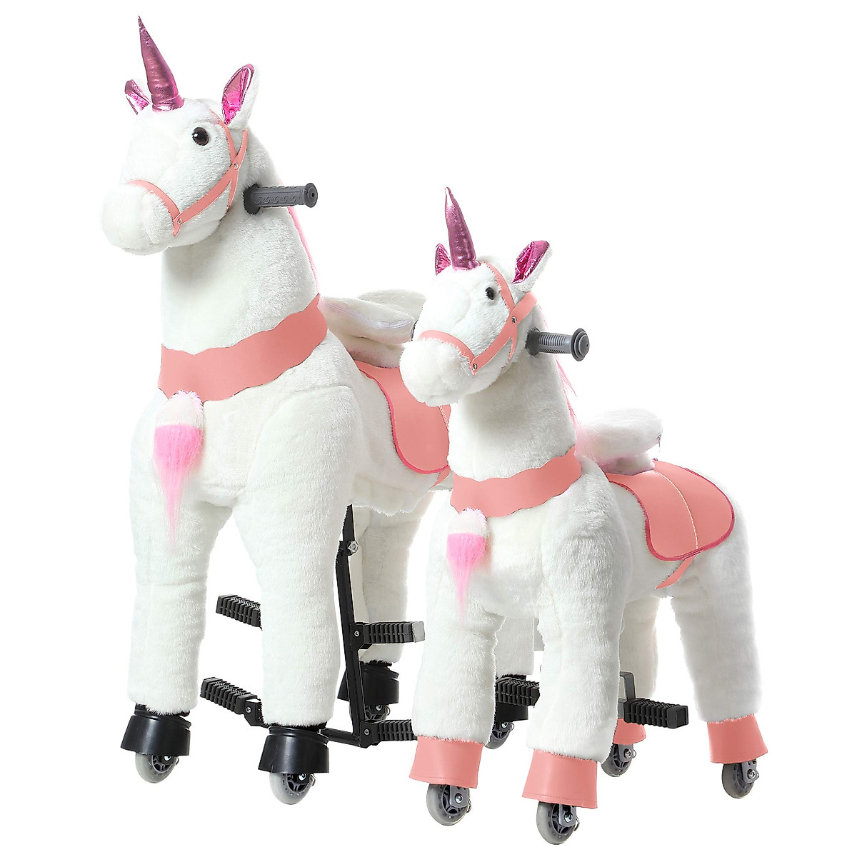 PONYEEHAW Ride on Unicorn Toys, Kids Riding Unicorn Toys Ride on Toys for 6-14 Years Old, Premium Plush Animals Toys Walking Unicorn with Wheels (White and Pink, 31.5" L x 13" W x 36.2" H)