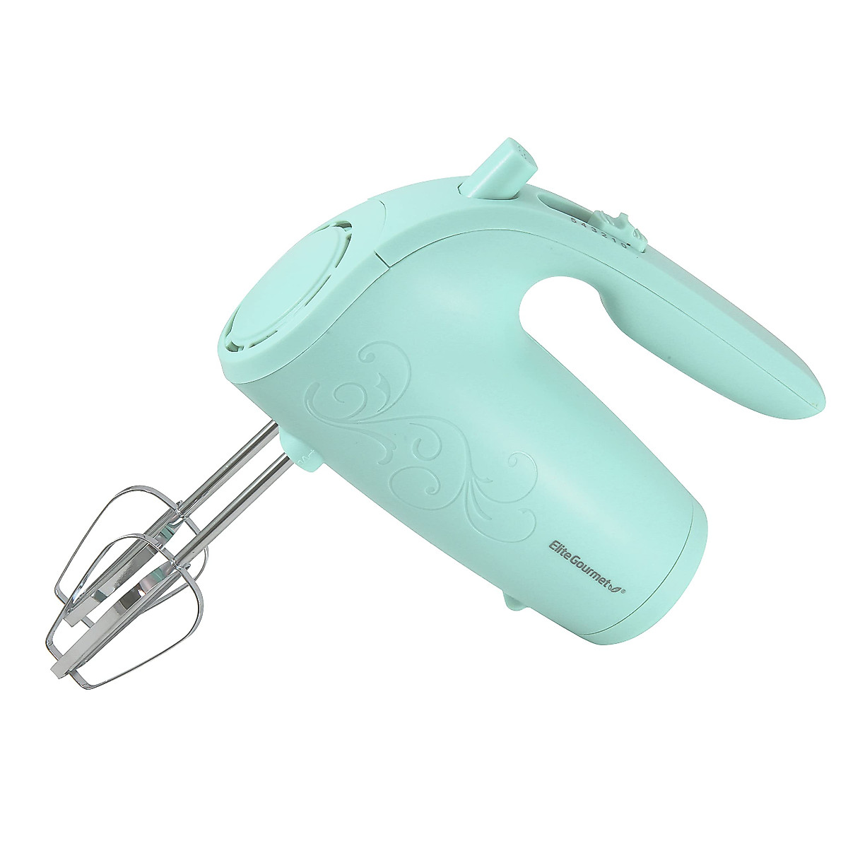 Elite Gourmet EHM003M Maxi-Matic Ultra Power Electric 5-Speed Kitchen Hand Mixer with 2 Extra Wide Stainless Steel Smooth Creamy Whipped Mixtures Plus Convenient, Beater Storage, Mint Blue