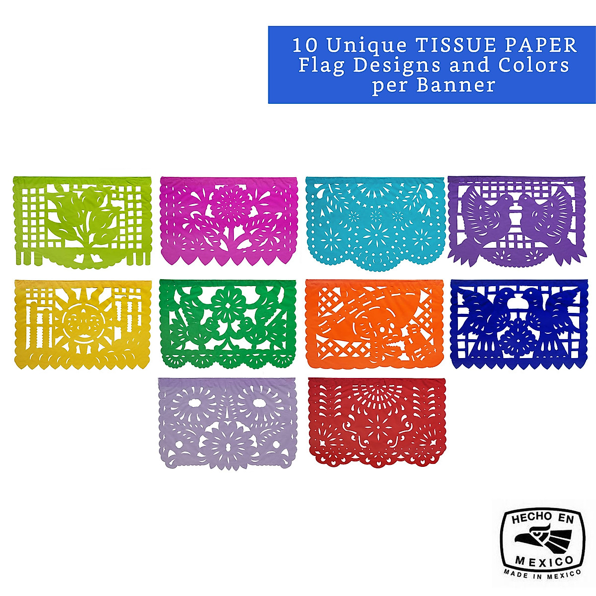 Mexican Party Banners (5 Pack - 10 Tissue Paper Flag Designs per Banner/NOT Plastic) - Papel Picado Banner - Mexican Themed Party Decorations - Papel Picado Mexicano para Fiesta - Mexican Banners