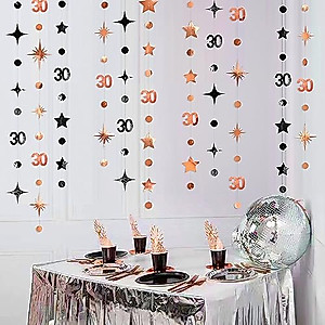 Rose Gold Black 30th Birthday Decorations Number 30 Circle Dot Twinkle Star Garland Metallic Streamer Bunting Banner Backdrop for Mens Womens Happy Dirty 30 Year Old Thirty Anniversary Party Supplies