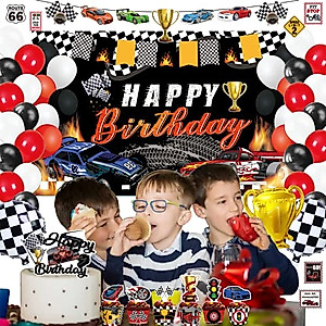 Race Car Birthday Party Supplies, 142 Pcs Racecar Racing Party Decorations for Boys Baby - Backdrop, Banner, Cake, and Cupcake Toppers, Balloons, Cupcakes Wrappers, Party Traffic Signs, Flags