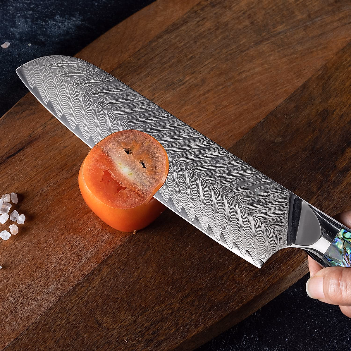 SENKEN Damascus Steel 7" Japanese Santoku Knife with Real Deep-Sea Abalone Shell Handle - Umi Collection - 67-Layer Japanese VG10 Forged Steel Blade, Integrated Full-Tang Molding (7" Santoku Knife)