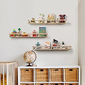 Nursery Bookshelves, 33inch,Set of 3,Floating Nursery Shelves with 6 S Hooks, Wooden Floating Shelves for Baby Nursery Room Decor, Kitchen Spice Rack, Bathroom Pine