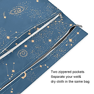 2 PCs Wet Dry Bag Moon Star Space Constellation Pattern Waterproof Wet Bag Cloth Reusable Diapers Wet Swimsuit Bag for Toiletries Travel Beach Pool Stroller Gym