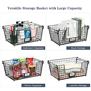 3 Pack XXL Stackable Wire Baskets for Pantry Storage and Organization- Large Metal Storage Bins with Handle and Chalkboard for Fruit Vegetable Snack Food- Kitchen Cabinet Countertop Organizer - Black