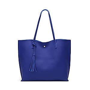 Dreubea Women's Soft Faux Leather Tote Shoulder Bag from, Big Capacity Tassel Handbag Royal Blue