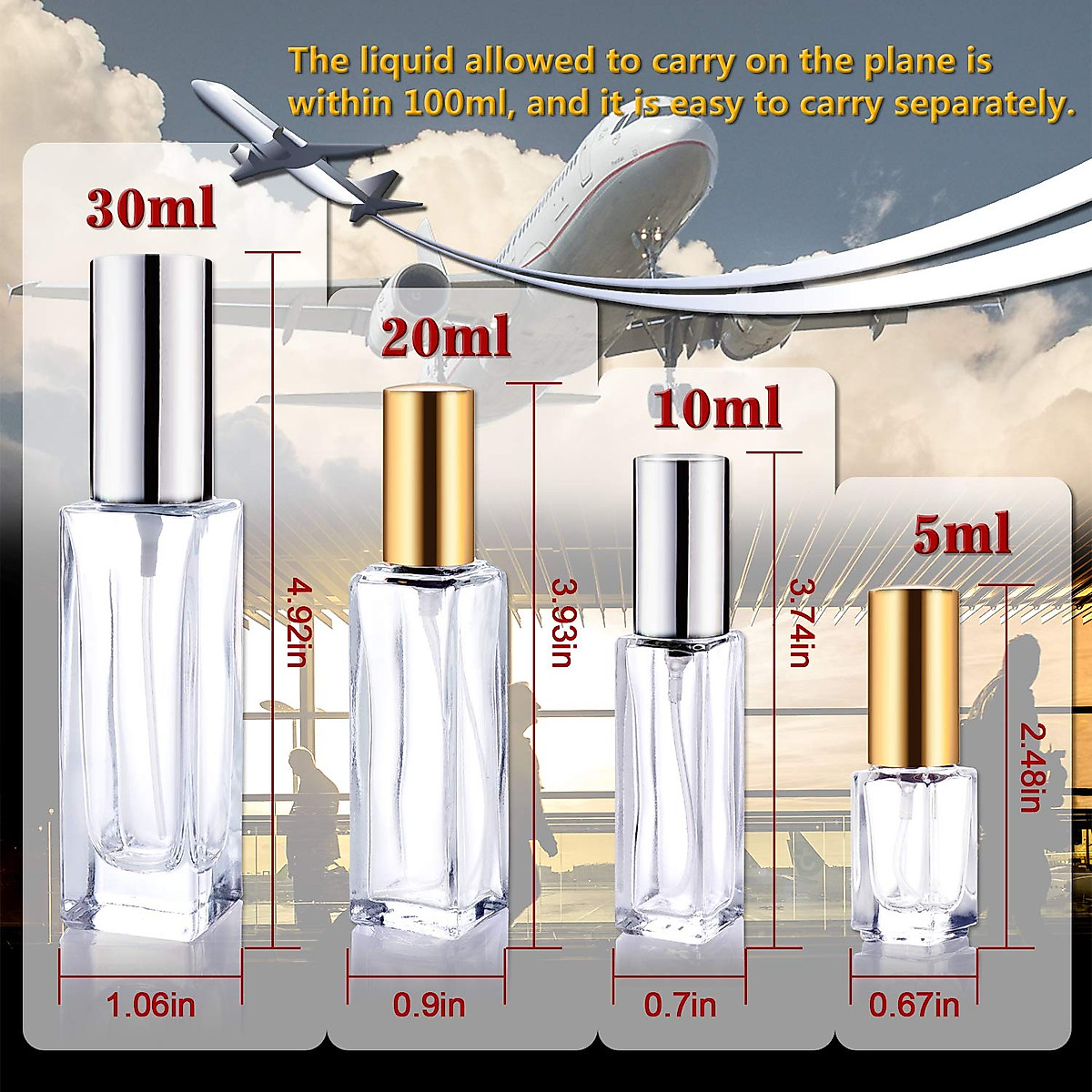 Skogfe Refillable Perfume Atomizer Bottle-Glass Empty Spray Bottle,Atomizer Perfume Bottle Refillable Travel 4 Pack, Packed with Funnels Pipettes Dispensers