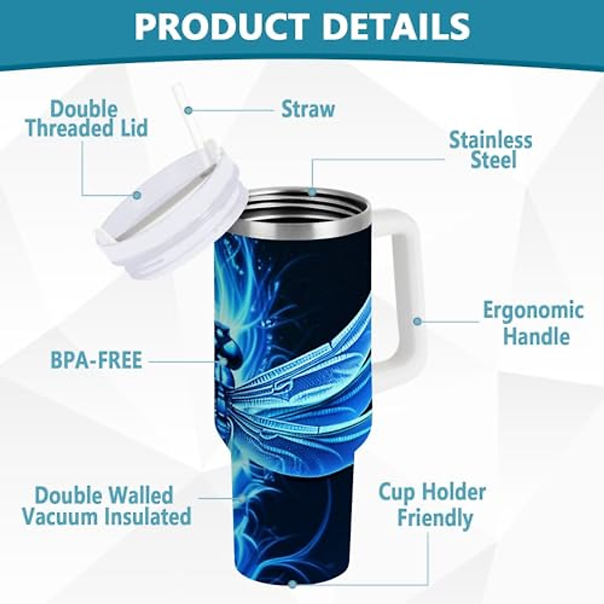 ODAWA 40 Oz Dragonfly Blue Insulated Tumblers with Lid and Straw, Insulated Stainless Steel Tumbler