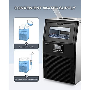 Silonn Commercial Ice Maker Machine, 90LBS/24H with 30lbs Bin, Full Heavy Duty Stainless Steel Construction, Self-Cleaning, Clear Cube for Home Bar, Include Scoop, Connection Hose