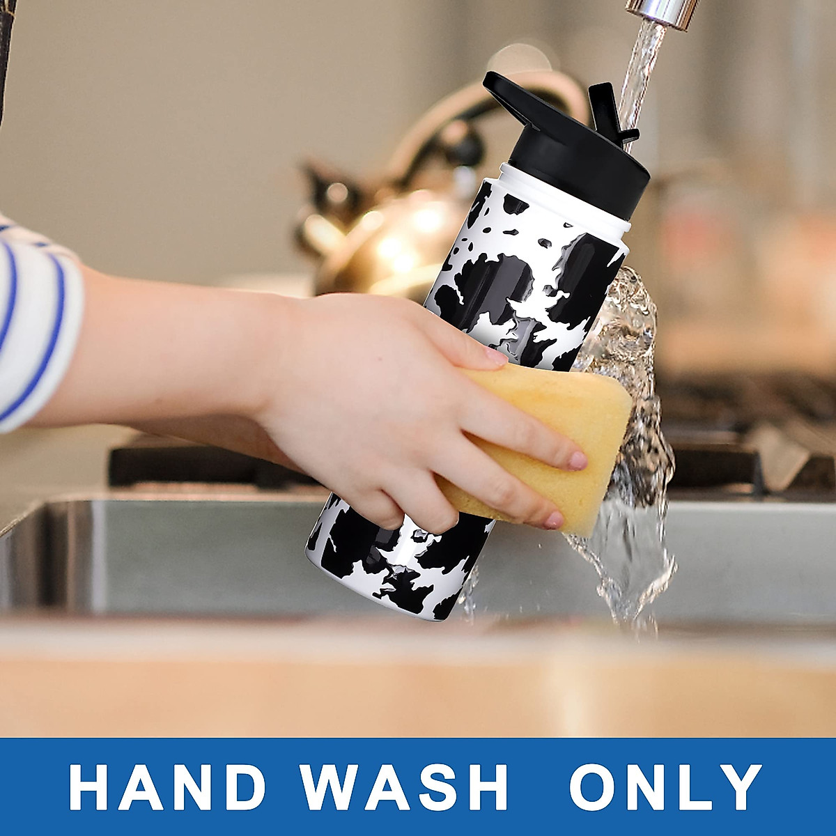 Boelia Cow Print Water Bottles Insulated Stainless Steel Water Bottle,4 lids Water Bottle with Straw Vacuum Insulated Keep Hot and Cold BPA Free 24 oz for Workout，Travel，Sports, Camping