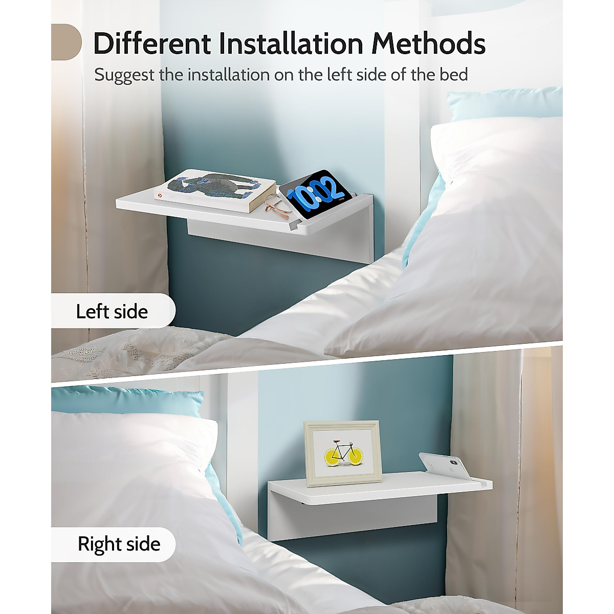 Mazjoaru White Floating Nightstand 16inch, Modern Natural Pine Wood Night Stand Floating Wall Shelves with Phone Slot, Cord Holes, Small Narrow Nightstands Bedside Tables for Bedroom Dorm Bedside