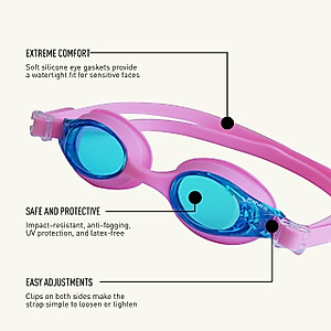 FINIS FlowGlow Goggles - Glow-in-The-Dark Kids Swim Goggles, Anti-Fog Goggles with UV Protection - Easily Adjustable Kids Swimming Goggles for Children Ages 4-12 - Pink
