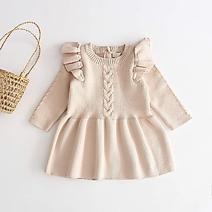 Toddler Baby Girl Knit Sweater Dress Cute Kids Solid Ruffle Long Sleeve Dresses Top Fall Winter Warm Outfits Clothes Apricot Ruffle 2-3 Years