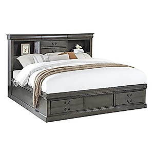 HABITRIO King Bed Frame, Solid Wood and Composite Construction King Size Storage Bed with Headboard w/ 3 Hidden Drawers&2 Bookshelves, Footboard w/ 2 Storage Drawers, No Box Spring Needed, Dark Gray