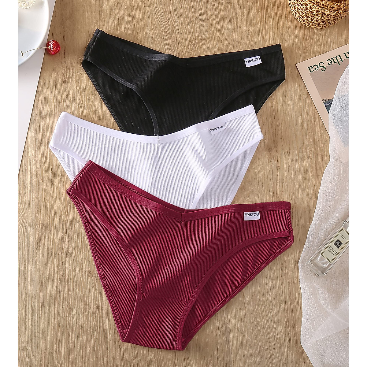 FINETOO Womens Underwear Cotton Bikini Rib Cheeky Panties Sexy V-shaped Waistband Hipster (XL)