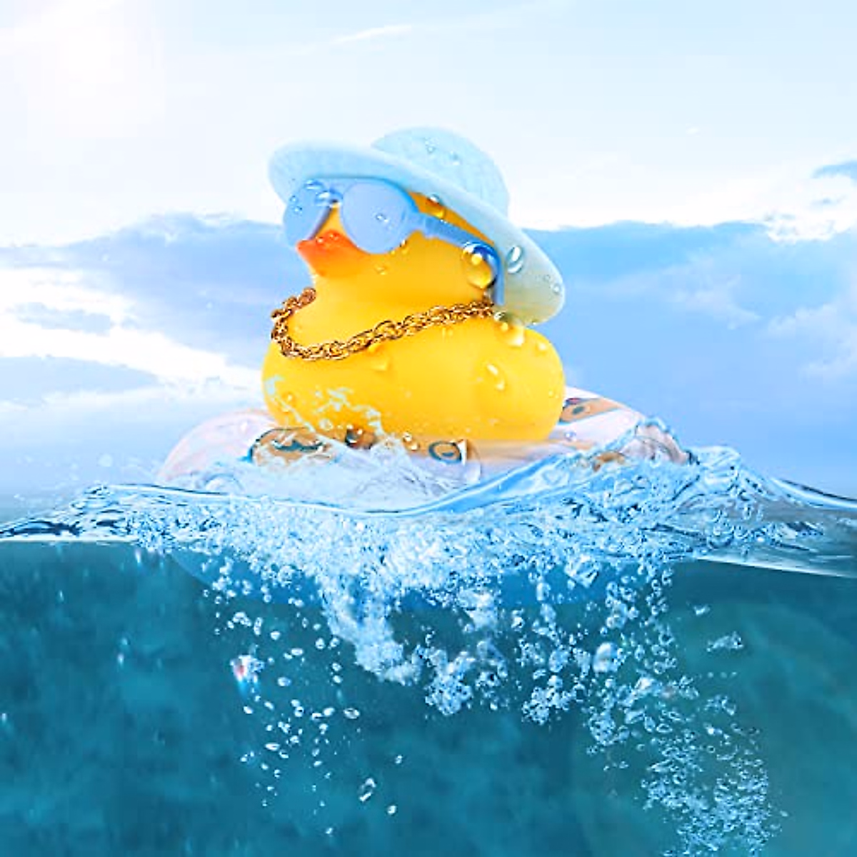 KINBOM Rubber Duck Car Ornament, Car Duck Decoration Dashboard Duck Yellow Duck Décor for Car Dashboard Office Bedroom Boys Girls Kids Bathing Toy (Blue Transparent Swim Ring)