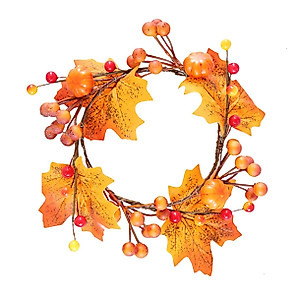 VOSAREA Maple Pumpkin Wreath Mini Autumn Wreath Farmhouse Fall Garland Halloween Party Wreath Decorative Hanging Wreath Pumpkin Candle Ring Mini Maple Leaf Front Door Iron Wire Ornaments