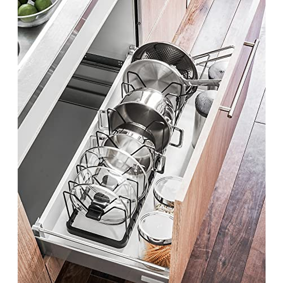 Yamazaki Home Tower Adjustable Lid & Pan Organizer – Kitchen Drawer Storage Shelf Rack.