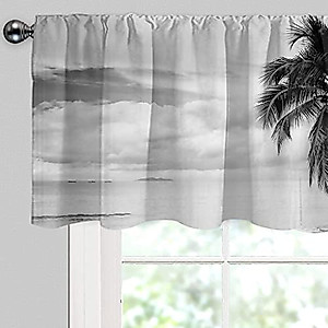 Ocean Palm Trees Kitchen Curtain, White Gold Beach Rod Pocket Valances for Kitchen/Living Room, 42 x 18 in, Blue
