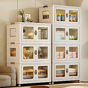 MOPUP 555 Quart Collapsible Storage Bins,3 Packs Plastic White Closet Organizers Storage with Lids,Dual Open Stackable Bins with Wheels for Home and Office