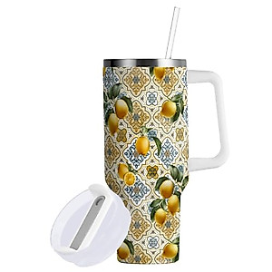 Wfrish Tumbler with Handle and Straw Lid,Vintage Lemons Leaves Patchwork 40 oz Insulated Coffee Cup Stainless Steel Fruit Water Bottle Travel Mug Cupholder Friendly,Gifts for Women Men