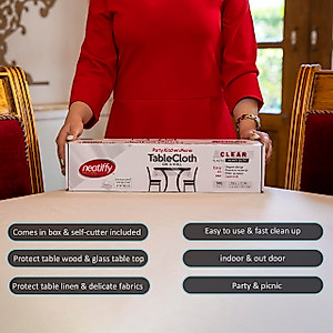 Neatiffy 62 in x 100 ft - Clear Disposable Plastic Table Cloth Roll with Slide Cutter | Waterproof Covers Any Size or Shape