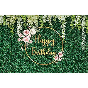 Greenery Happy Birthday Backdrop for Women Girls Flower Green Grass Backdrop Wall for Party Birthday Background Photography for Photoshoot Banner Decoration 7x5ft