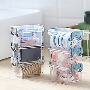 3 Pack Mini Plastic Storage Bin Organizing Container with Lids and Latching Buckles Stackable and Nestable Clear Storage Containers Latching Box with Handle for Organizing, Small(Blue/Grey Handle)