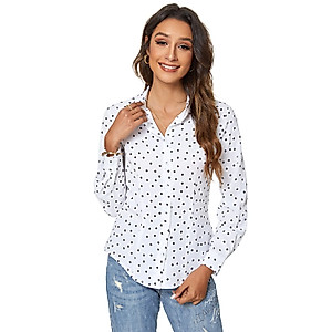 Atnlewhi Women Basic Long Sleeve Button Down Shirts Simple Pullover, Polka Dot/White, M